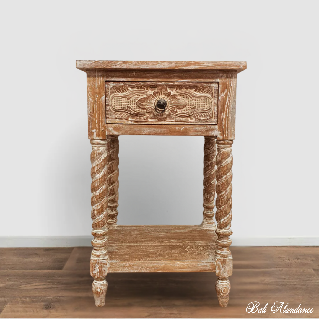 CLASSIC Hand Carved Bedside Table 1 Drawer - Jati Wash – Bali Abundance