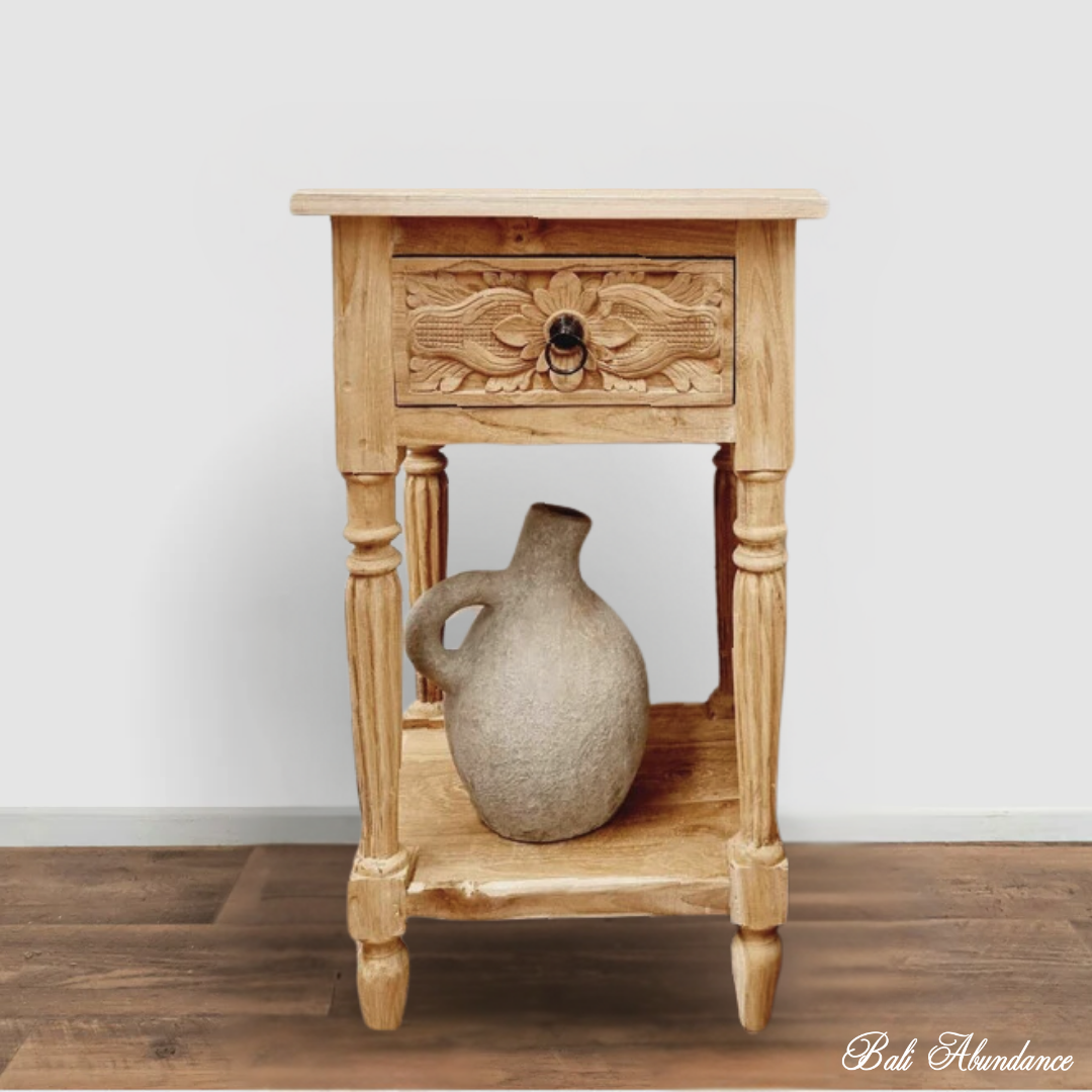 INDAH Hand Carved Teak Bedside Table - Raw – Bali Abundance