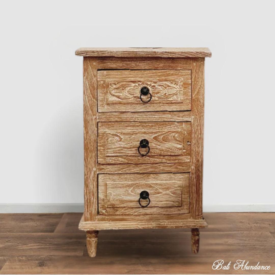 INDAH Hand Carved Teak Bedside Table 3 Drawer - Jati Wash – Bali Abundance