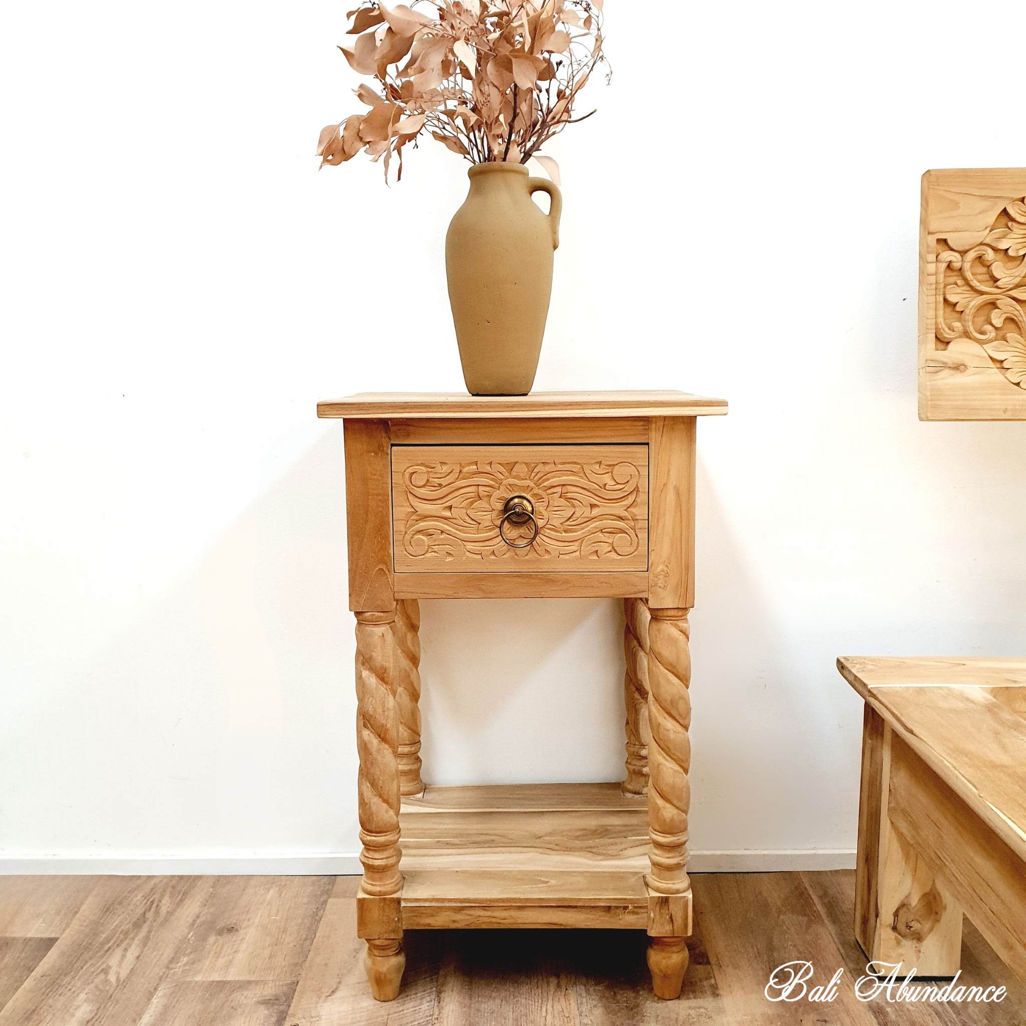 PRE ORDER INDAH Hand Carved Teak Bedside Table - Raw – Bali Abundance