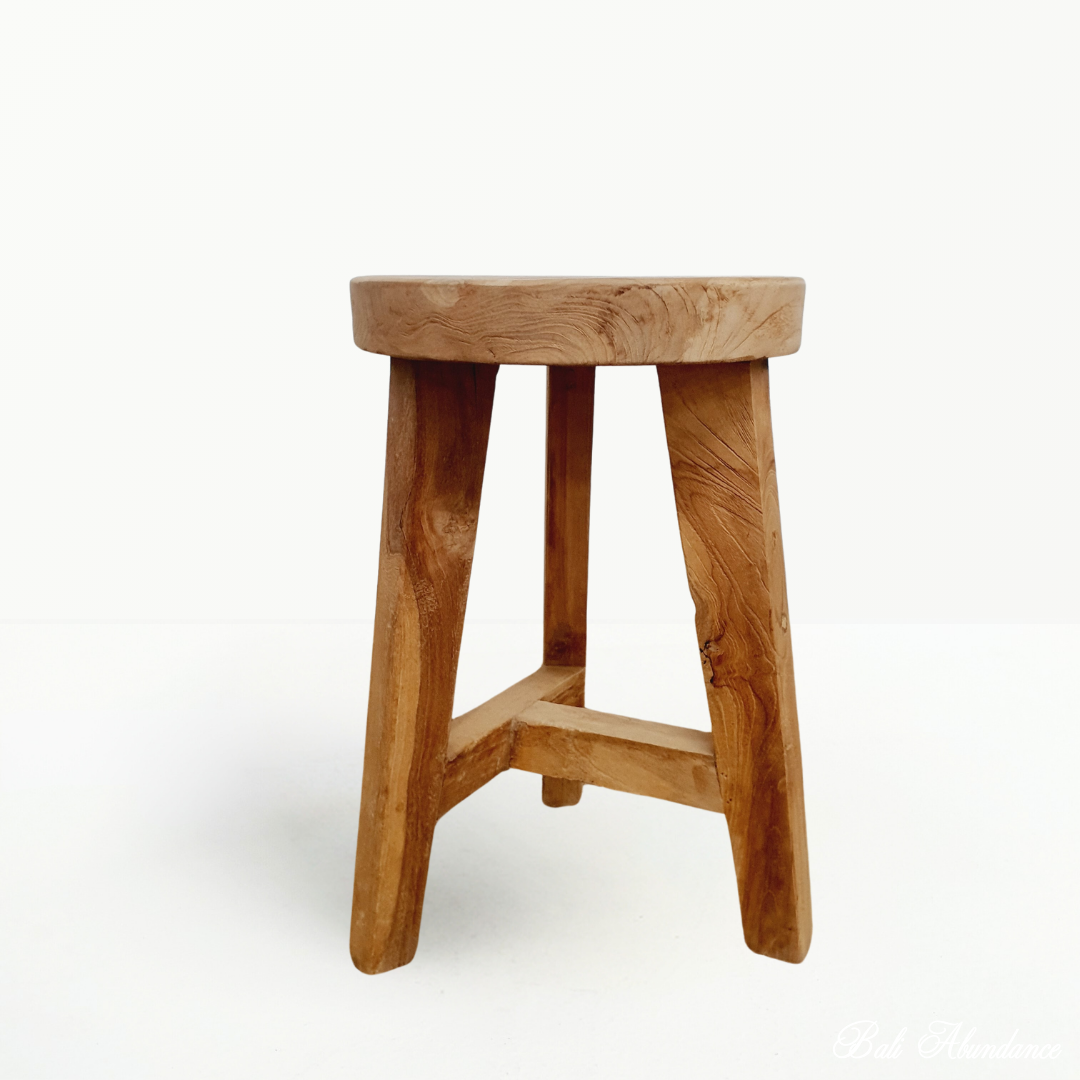 Hand Carved Round Recycled Teak Natural Timber Stool – Bali Abundance