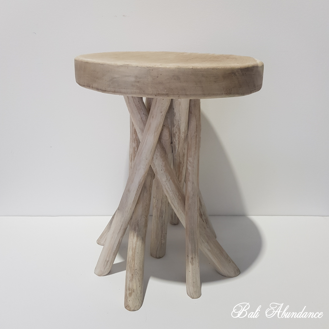 *Hand made Whitewash Teak Round Stick Stool – Bali Abundance